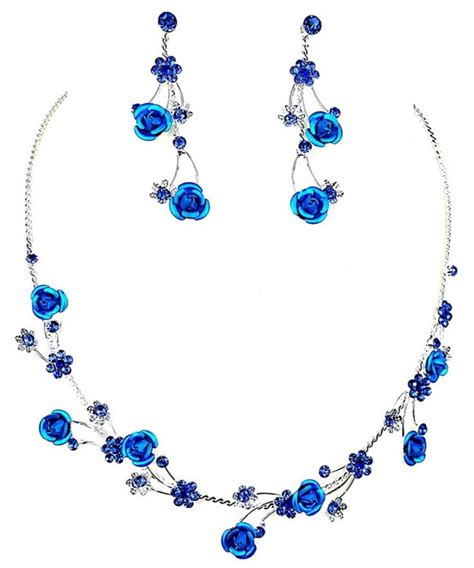 Faceted Metal Blue Rose Flower Crystal Rhinestone Necklace And Earring