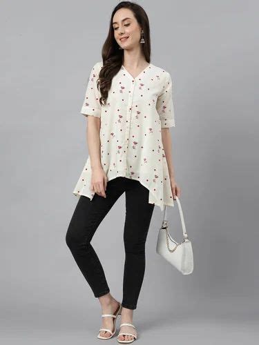 Janasya Womens Off White Cambric Cotton Botanical Print Asymmetric Top