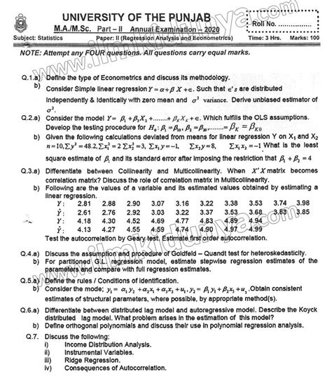Past Paper MA MSC Part Punjab University Statistics Paper Subjective