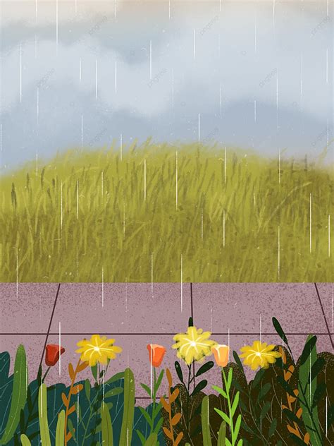 Hand Painted Rainy Background Design Of Summer Flower Grass Rain