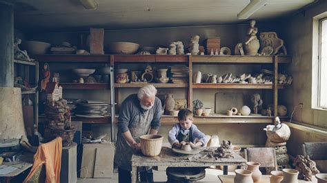 숙련 된 아이 그의 할아버지 그의 Figuline 홈 스튜디오에서 작업 하는 동안 포터의 바퀴에 형성 됩니다 전문 장비와 배경에서 아름 다운 세라믹 것 들입니다 2명에 대한