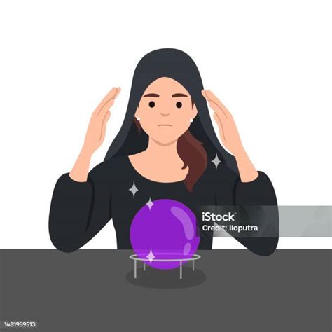 마법의 수정 구슬에서 미래를 읽는 점쟁이 여자 집시 오라클 만화에 대한 스톡 벡터 아트 및 기타 이미지 만화 여자