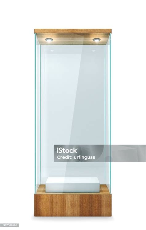 흰색 배경에 나무 기지와 빈 유리 쇼케이스 3 차원 일러스트 레이 션 0명에 대한 스톡 사진 및 기타 이미지 0명 3차원 형태 공란 Istock