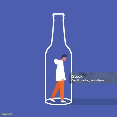 알코올 중독 병 안에 갇힌 젊은 남성 캐릭터 중독 술 플랫 편집 가능한 벡터 일러스트레이션 클립 아트 갇힌에 대한 스톡 벡터 아트 및 기타 이미지 Istock