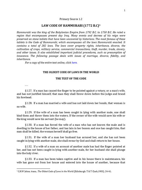 Primary Source 1 2 Hammurabi Pdf Marriage Hammurabi