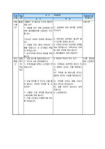 초등학교5학년 체육과 교수 학습 계획안 빠른 속도로 누를 도는 방법을 익혀 발야구 게임하기