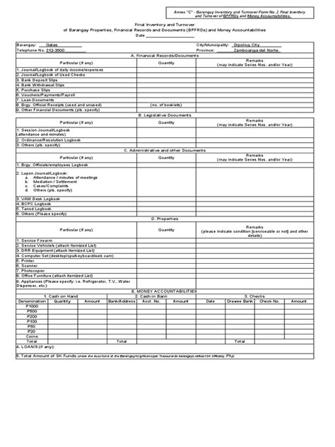 Annex C Barangay Inventory And Turnover Form No 2 Final Inventory