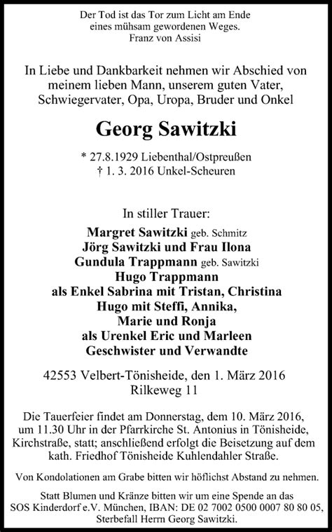 Traueranzeigen Von Georg Sawitzki Trauer In Nrwde
