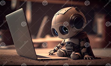 Adorable Humanoid Robot Working On Laptop Generative Ai Stock