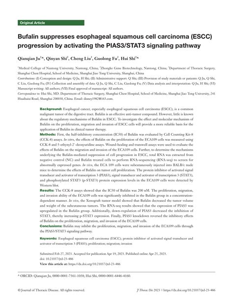 Pdf Bufalin Suppresses Esophageal Squamous Cell Carcinoma Escc