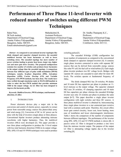 Pdf Performance Of Three Phase Ii Level Inverter With Reduced Number