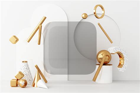 제품 디자인 3d 렌더링 3d 일러스트레이션을 위한 화이트 컬러 포디움으로 기하학적 모양의 골드와 유리 텍스처를 모의 0명에 대한 스톡 사진 및 기타 이미지 Istock