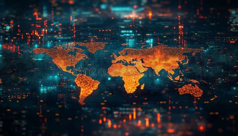 Global Data Network Digital World Map With Glowing Pixels And Abstract Lines Technology Concept