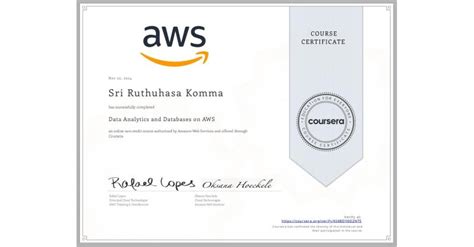 Sri ruthuhasa Komma on LinkedIn: Completion Certificate for Data Analytics and Databases on AWS