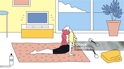 피트니스 요가 코스 및 건강한 라이프 스타일 개념 육체적 영적 실천 여자는 피트니스와 요가를 요가 매트에 집에서 아령과 함께 운동하는 소녀 만화 플랫 벡터 일러스트 영화에