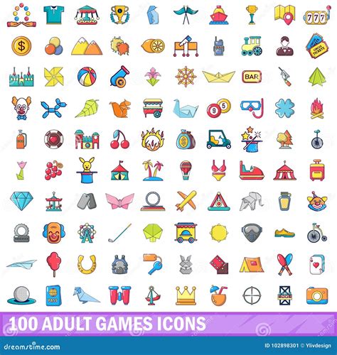 100 Adult Games Icons Set Cartoon Style Stock Vector Illustration Of