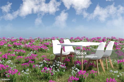 추상 3d 렌더링 플랫폼 및 자연 연단 배경 흰색 테이블과 의자는 꽃과 잔디 파일 배경 푸른 하늘과 구름 제품 디스플레이 등을