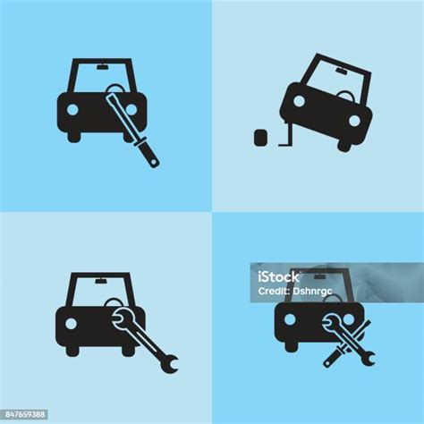 자동차 자동차 수리 워크숍 벡터 아이콘 세트 파란색 배경에 고립 검사 보기에 대한 스톡 벡터 아트 및 기타 이미지 검사 보기 교통수단 기계공 Istock