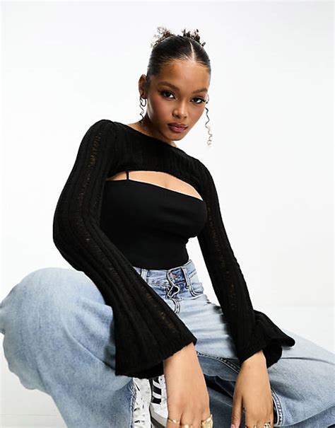 Asos Design Laddered Knit Shrug Cardigan In Black Asos