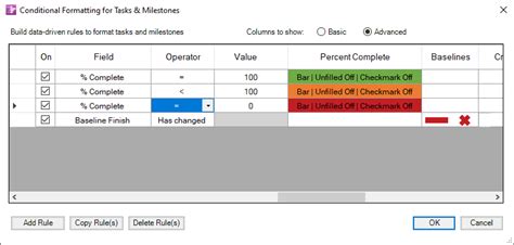 onepager pro conditional formatting for microsoft project