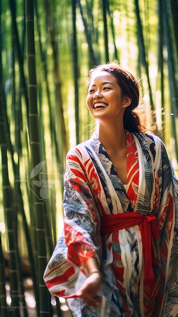 Mujer Japonesa Joven En Yukata Riendo En El Bosque De Bamb Foto Premium