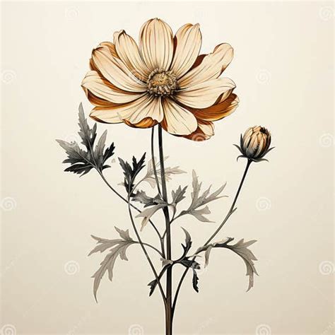 Minimalist Single Line Drawing Of Cosmos Flower On Beige Background