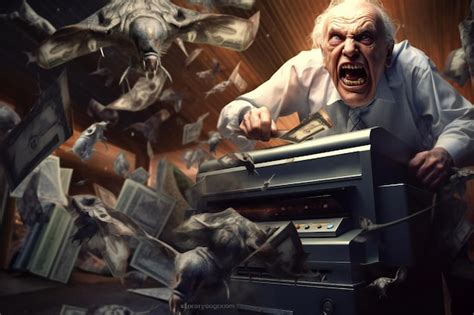 Premium Ai Image Crazy Evil Old Man Standing Behind Money Printer