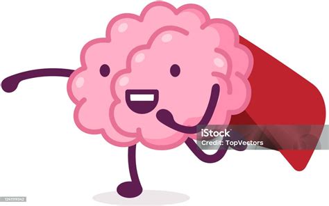 흰색 배경에 빨간 망토 재미 인간 신경계 장기 만화 캐릭터 벡터 일러스트를 입고 실행 하는 핑크 두뇌 슈퍼 히어로 슈퍼히어로에