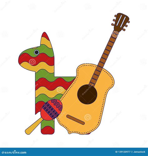 Maracas Di Pinata E Linee Blu Messicane Di Simbolo Della Chitarra