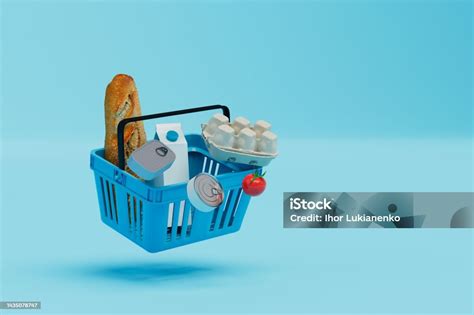 슈퍼마켓에서 쇼핑 파란색 배경에 빵 우유 계란 통조림 식품 토마토가 있는 바구니 3d 렌더링 바구니에 대한 스톡 사진 및 기타 이미지 Istock