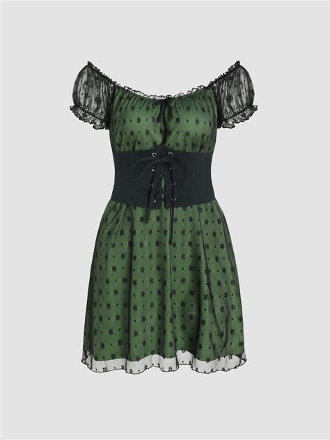 Mesh Lace Trim Off Shoulder Corset Belt Mini Dress For Date