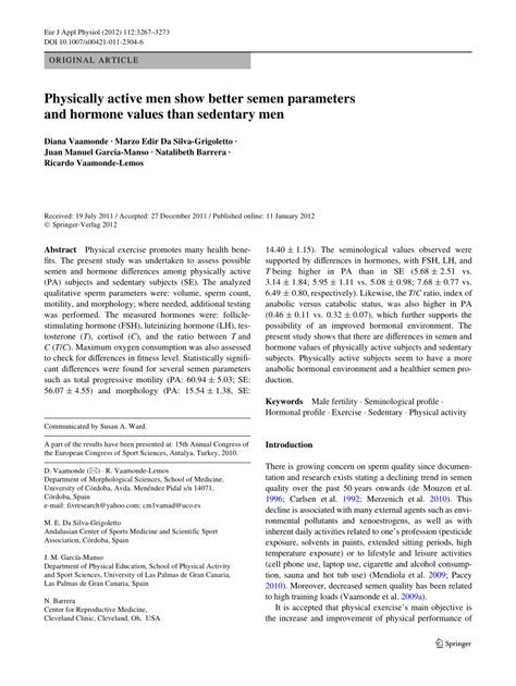 Pdf Physically Active Men Show Better Semen Parameters And Hormone