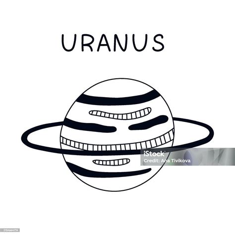 재미 있는 손으로 그린 흑백 천왕성 태양계와 은하계의 얼음 행성을 개략적으로 설명합니다 유치한 간단한 낙서가 분리되어 있습니다 천문학 천체 어린이 교육 인포 그래픽 점성술