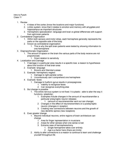 Intro To Pysch Class Lecture Notes Intro To Pysch Class Review Lobes Of The