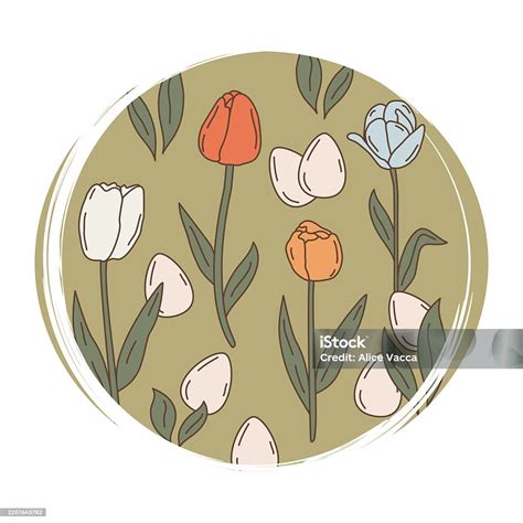 귀여운 손으로 그린 로고 또는 아이콘 벡터 화려한 튤립과 부활절 달걀 브러시 질감이있는 원에 그림 소셜 미디어 스토리 및