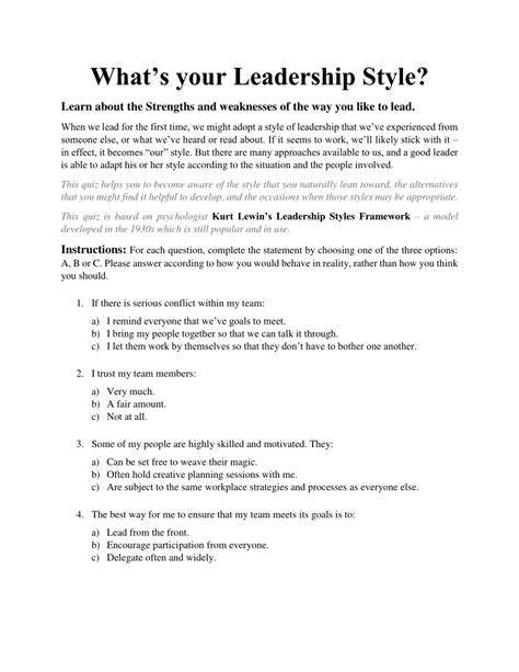 Printable Leadership Style Quiz