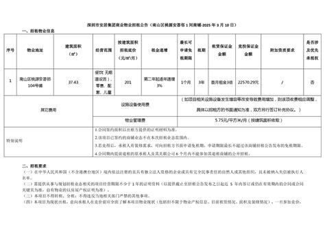深圳市安居集团商业物业招租公告（南山区桃源安荟邻104号商铺） 深安居
