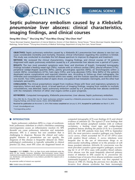 Pdf Septic Pulmonary Embolism Caused By A Klebsiella Pneumoniae Liver