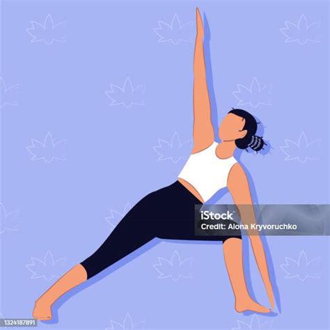 벡터 날씬한 몸매를 가진 만화 소녀가 요가에 종사하고 있습니다 무릎 굽힘 삼각형 포즈 스탠드는 넓고 측면으로 기울어져 무릎을