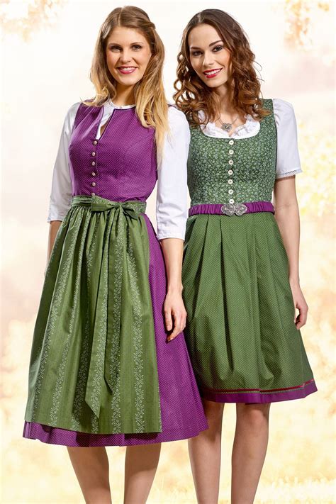 Dirndl Herbst von Hiebaum midi hochgeschlossen lila pink mit Schürze grün elegant