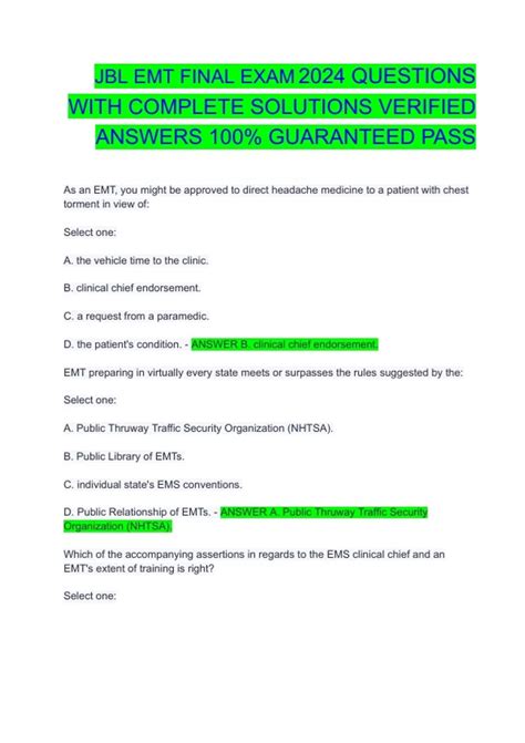 Jbl Emt Final Exam Questions With Complete Solutions Verified Answers Guaranteed Pass
