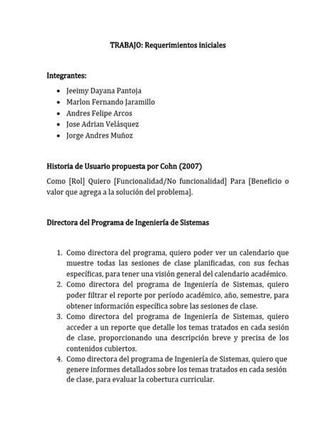 Historias De Usuario Gio Pdf Maestros Ingeniería De Sistemas