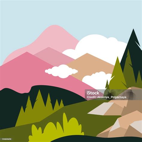 구름 에 산 봉우리와 풍경 숲으로 자란 전경에는 나무와 돌이 있습니다 여름 산악 하이킹을 묘사한 전단지 벡터 그림입니다 나무에 대한 스톡 벡터 아트 및 기타 이미지 Istock