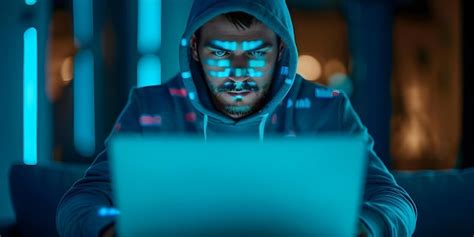 Cybersecurity Scene Hacker In Hoodie With Laptop And Source Code