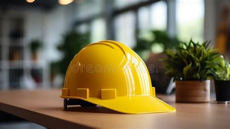 Yellow Engineer Hat With Architecture Floor Plan Ai Generated Stock
