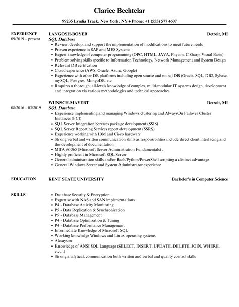 Sql Database Resume Samples Velvet Jobs