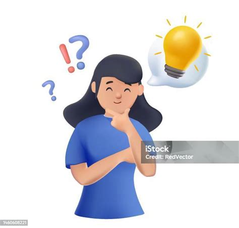 3d 캐릭터 문제 해결 개념 물음표 전구 아이콘으로 생각하는 여자 창의적인 아이디어 3d 렌더링 벡터 3차원 형태에 대한 스톡 벡터 아트 및 기타 이미지 Istock