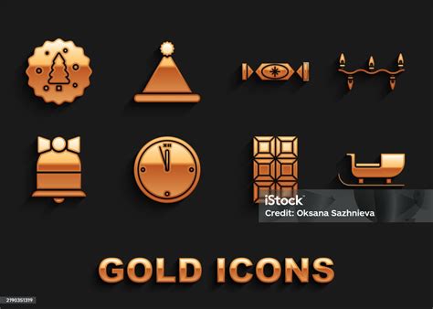 시계 설정 크리스마스 조명 산타 클로스 썰매 초콜릿 바 메리 울리는 종 사탕 쿠키 또는 초콜릿과 산타 클로스 모자 아이콘이있는 비스킷 벡터 검은색에 대한 스톡 벡터 아트 및