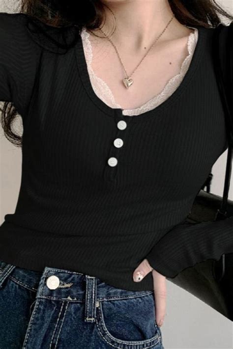 Lace Trim Knit Long Sleeve Crop Top Long Sleeve Tops Casual Short