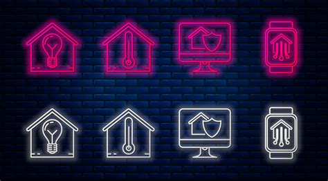 설정 라인 집 온도 보호 하에 집 컴퓨터 모니터 스마트 하우스와 전구와 스마트 시계와 스마트 홈 벽돌 벽에 빛나는 네온 아이콘입니다 벡터 0명에 대한 스톡 벡터 아트 및